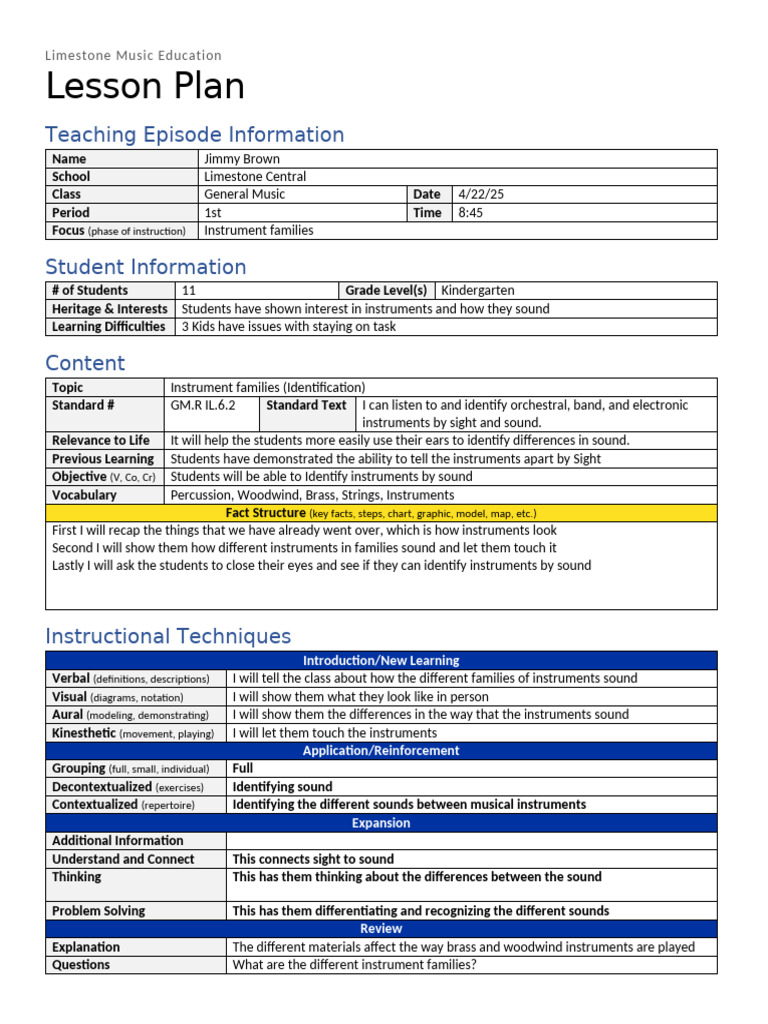 Kindergarten Lesson Plan | PDF | Musical Instruments | Learning