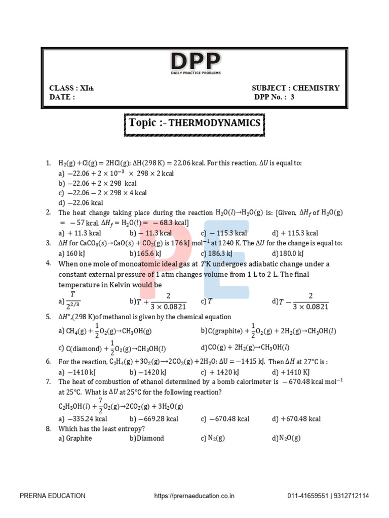 Chemical Thermodynamics DPP 3 | PDF | Physical Chemistry | Physical ...