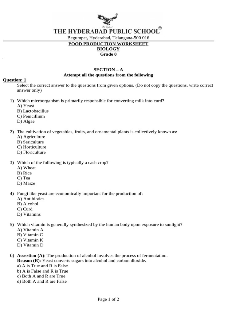 Grade 8 Biology Food Production Quiz | PDF | Foods | Yeast