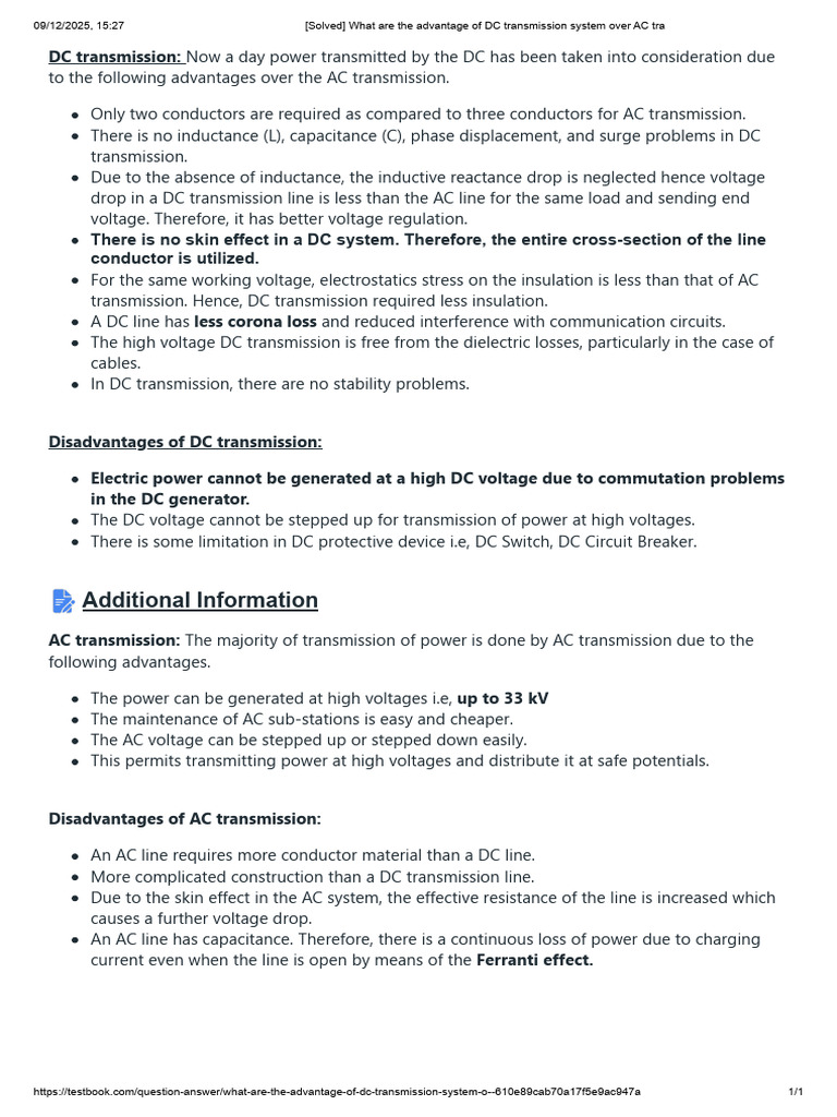 Advantages of DC vs AC Transmission | PDF | Electric Power Transmission ...
