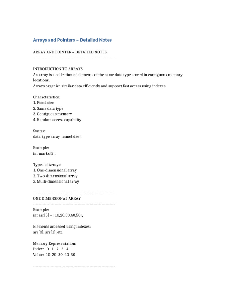 Array and Pointer Detailed Notes | PDF | Pointer (Computer Programming ...