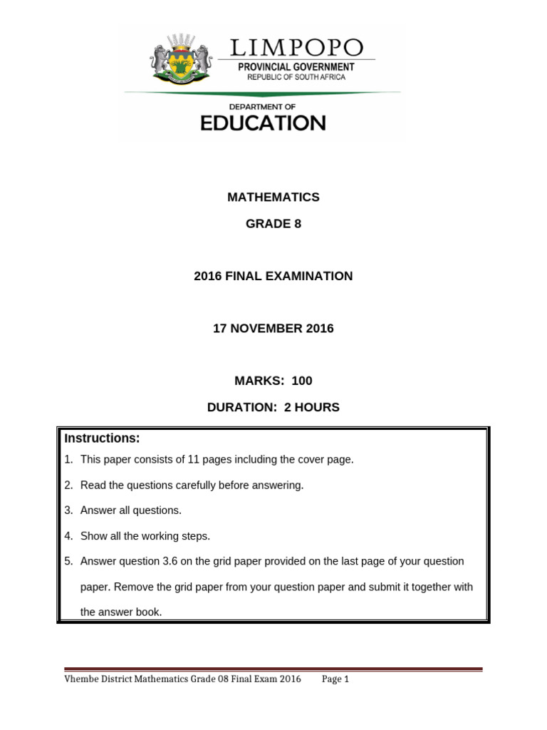 Grade 8 Mathematics Final Exam 2016 | PDF | Area | Geometry