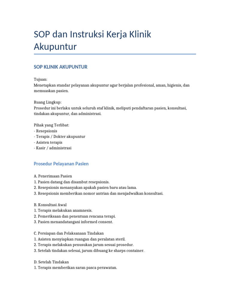 Contoh SOP Dan IK Klinik Akupuntur | PDF