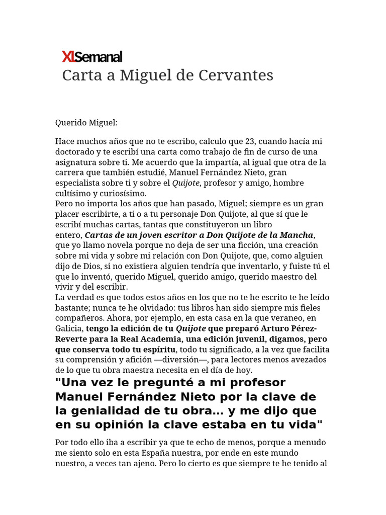 Carta a Cervantes: Reflexiones literarias | PDF | Don Quijote | Miguel ...