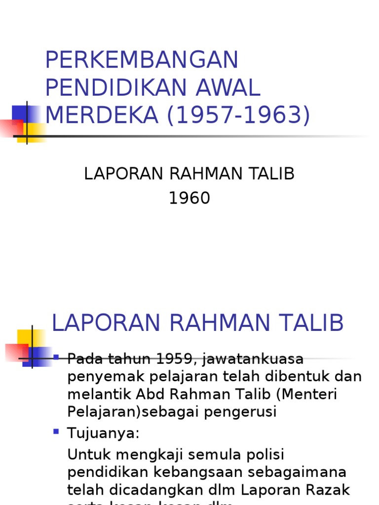 An Pendidikan Awal Merdeka - Laporan Rahman Talib | PDF