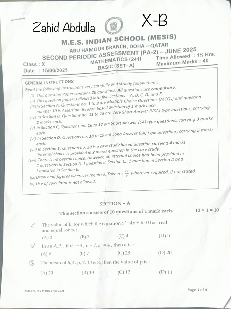 M.E.S. Indian School (Mesis) | PDF