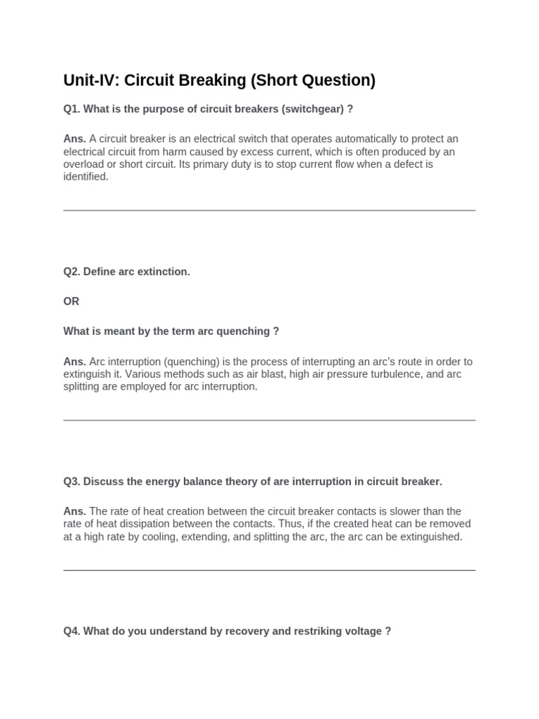 PSP Unit-IV Circuit Breaking (Short Question) | PDF | Electric Arc ...