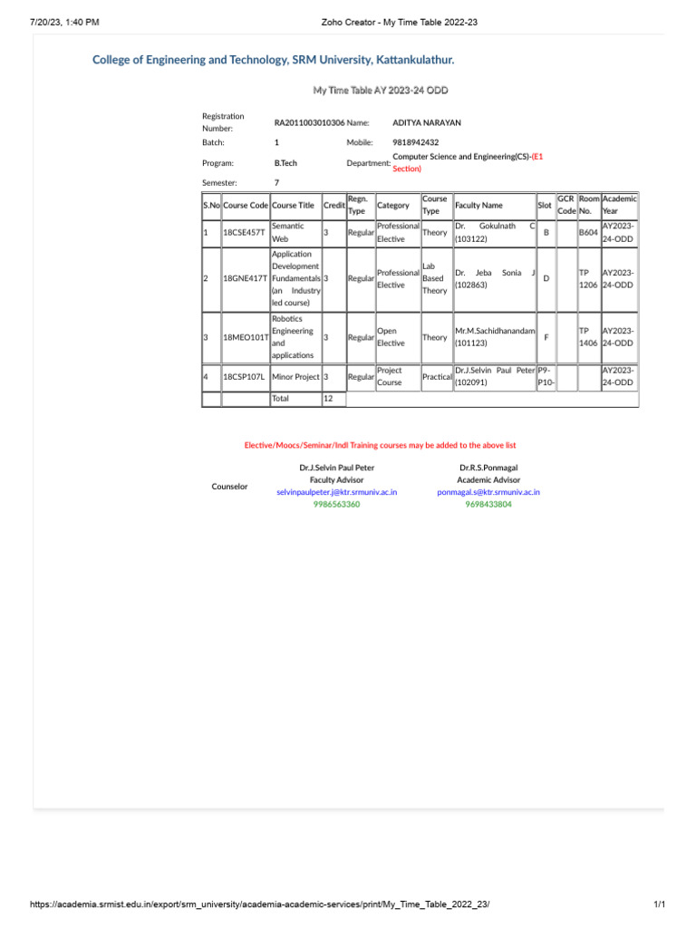 SRM University B.Tech 2023-24 Timetable | PDF | Academic Discipline ...