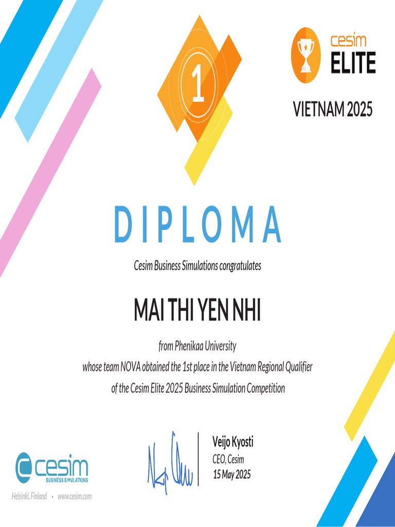Cesim Elite Vietnam - 1st Place Diploma - MAI THI YEN NHI | PDF