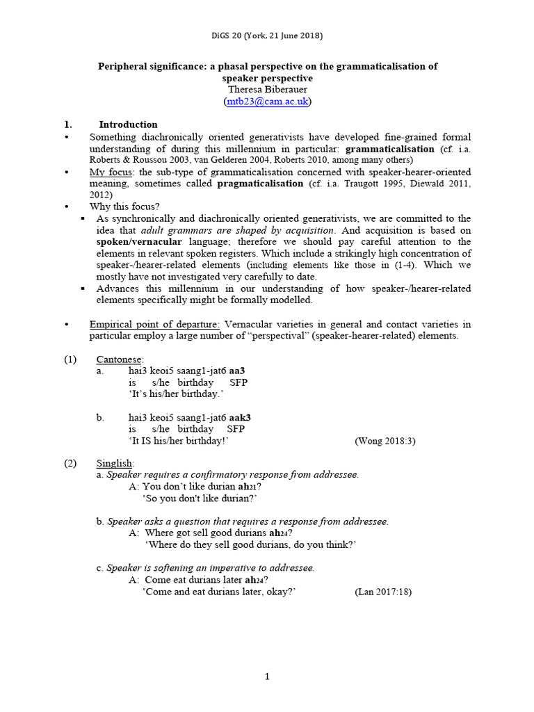 Biberauer Handout DiGS20 | PDF | Lexical Semantics | Syntax