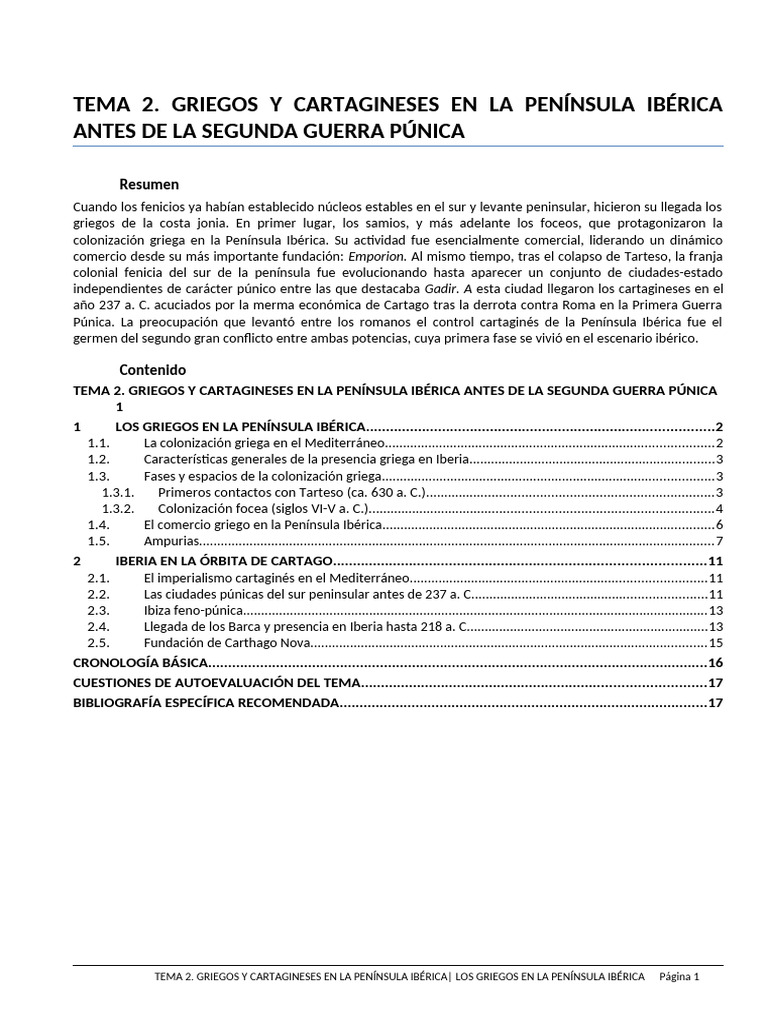 Tema 2. Griegos y Cartagineses en La Península Ibérica Antes de La ...