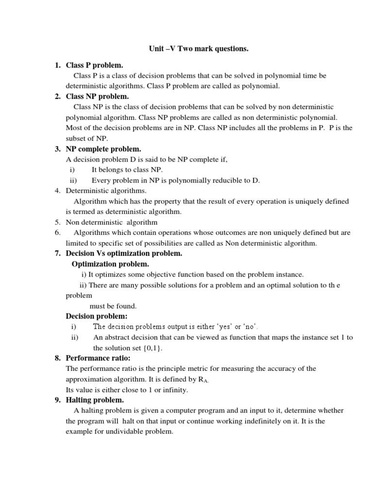 Unit - V Two Mark Questions. 1. Class P Problem | Download Free PDF ...