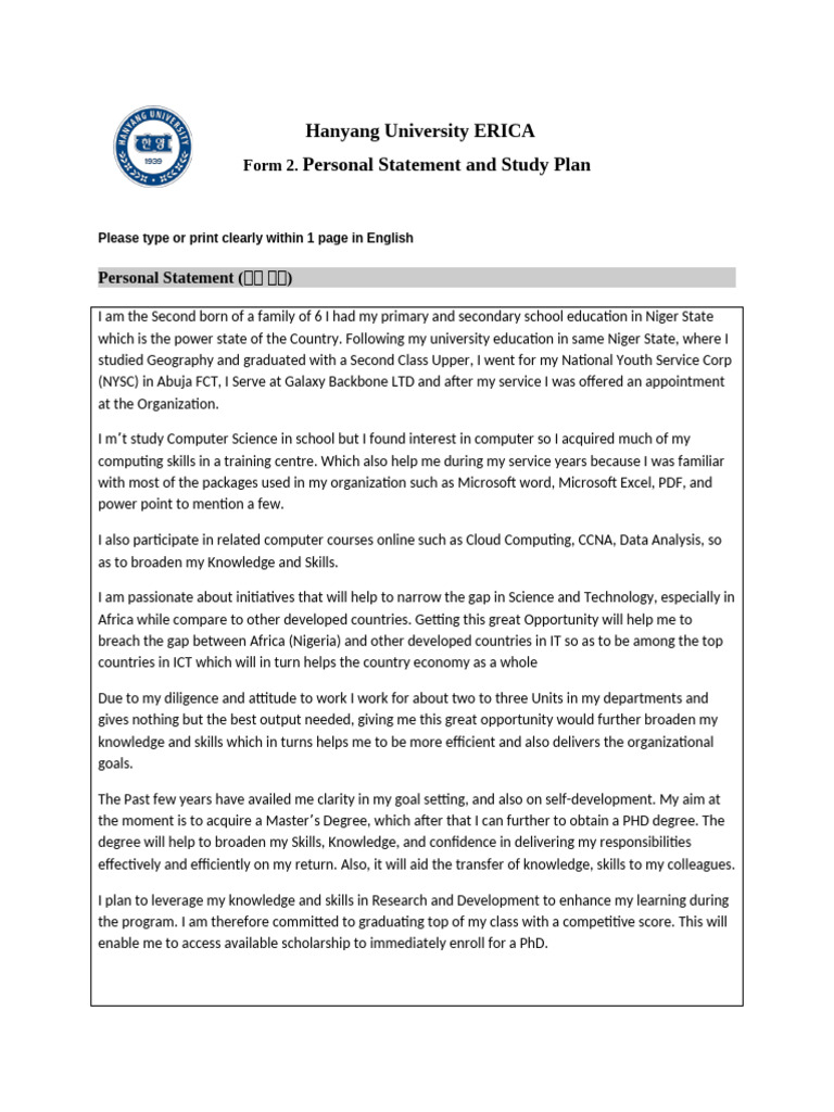 Personal Statement for Hanyang University | PDF