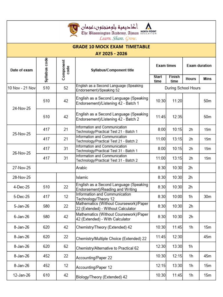 Grade 10 IGCSE Mock Exam Timetable Updated | PDF | Qualifications ...