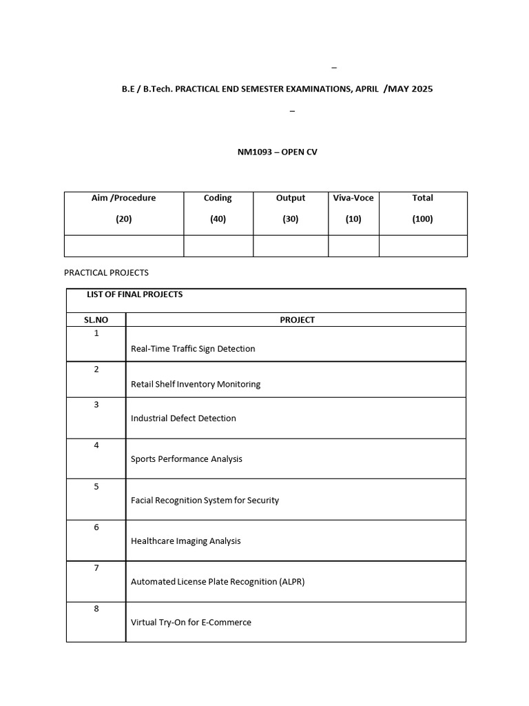 OpenCV Practical Projects List 2025 | PDF