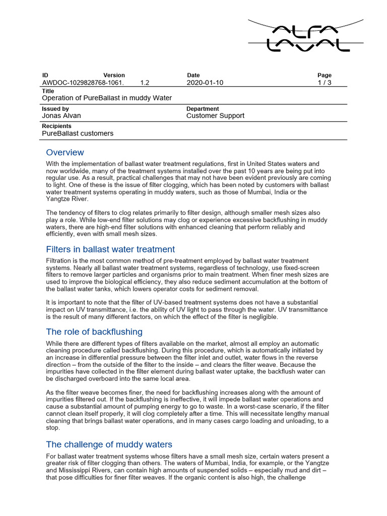 PureBallast Filter Performance in Muddy Water | PDF | Filtration ...