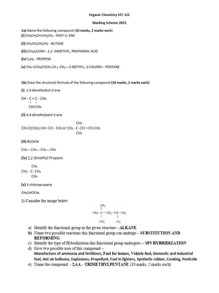 Organic Chemistry STC 121 Marking Scheme 2025 | PDF | Alkane | Ethanol