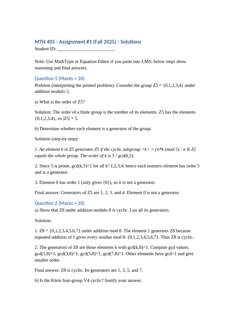 MTH405 Assignment1 Solution | PDF | Group (Mathematics) | Mathematical ...
