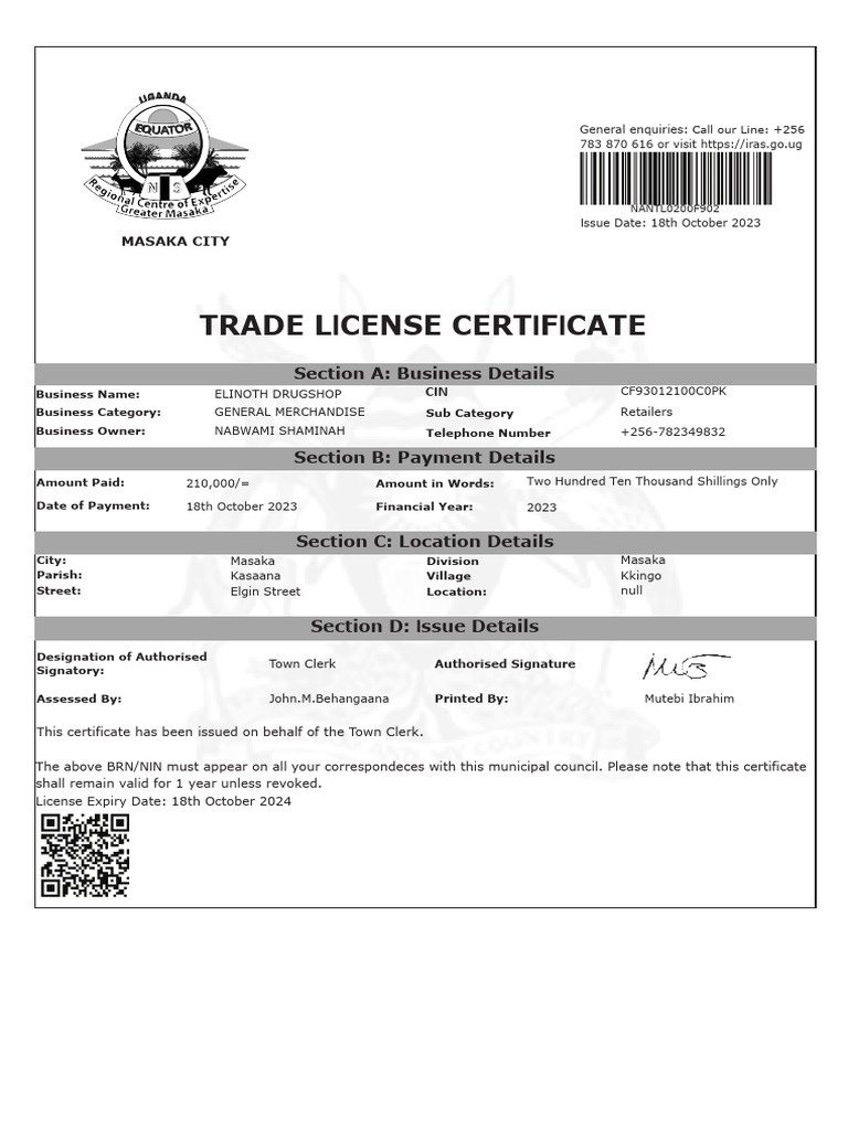 Masaka City Trade License Certificate | PDF
