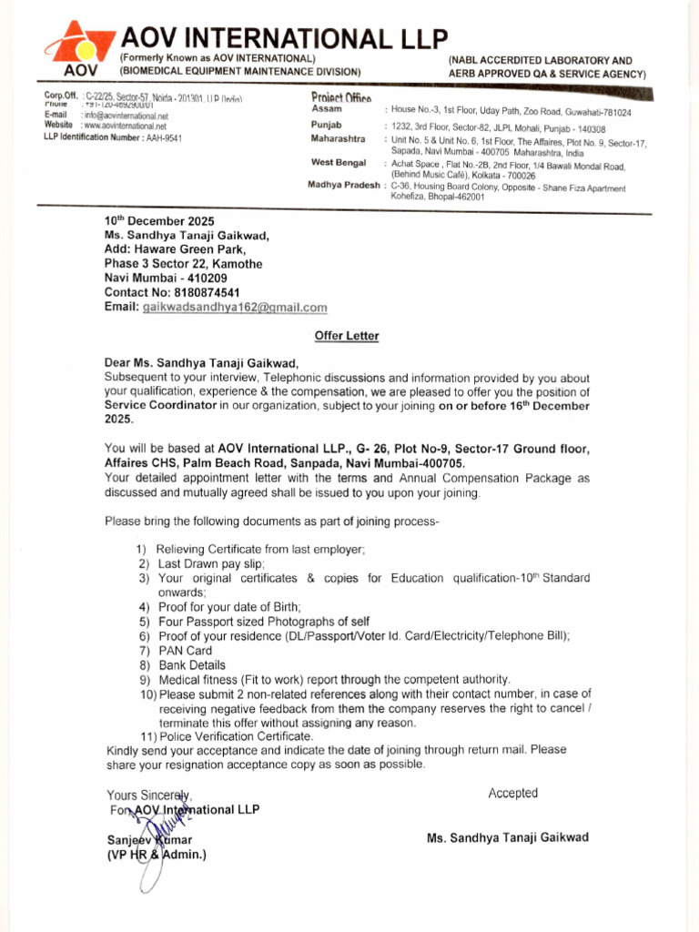 Offer Letter Sandhya Tanaji | PDF