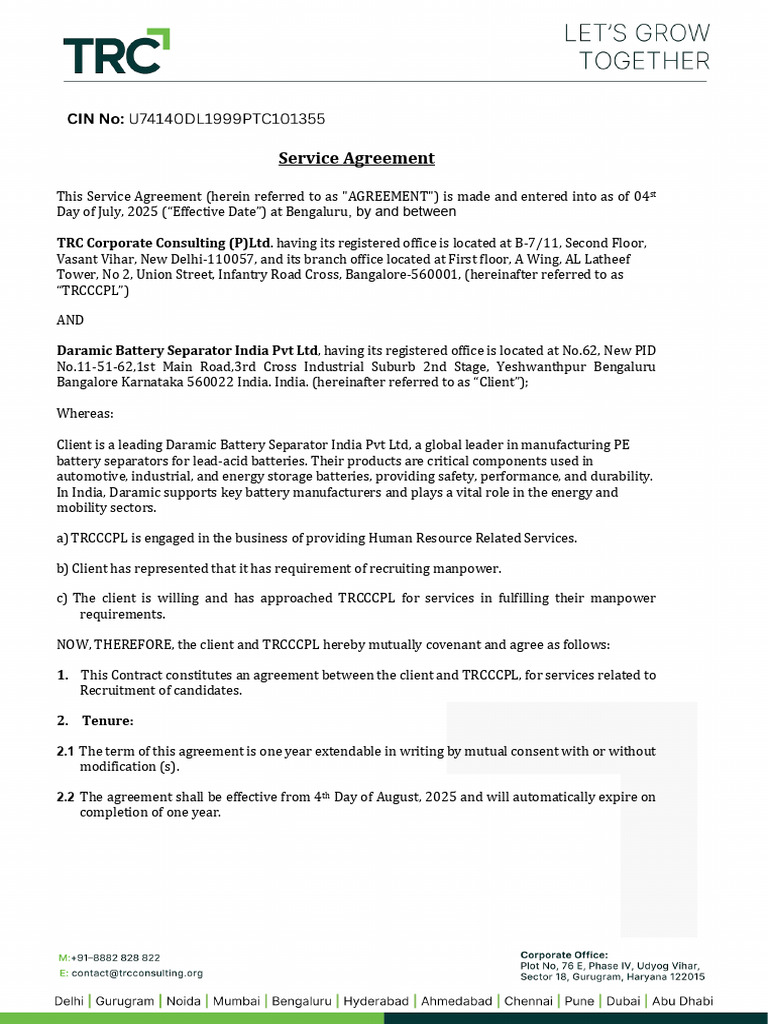 01 - Draft - TRC - Daramic Battery - Placement Services Agreemnet | PDF ...