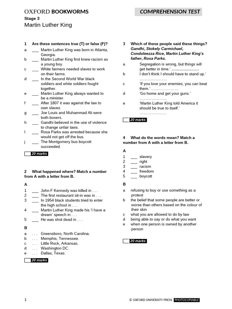 Martin Luther King Comprehension Test | PDF | Martin Luther King Jr ...