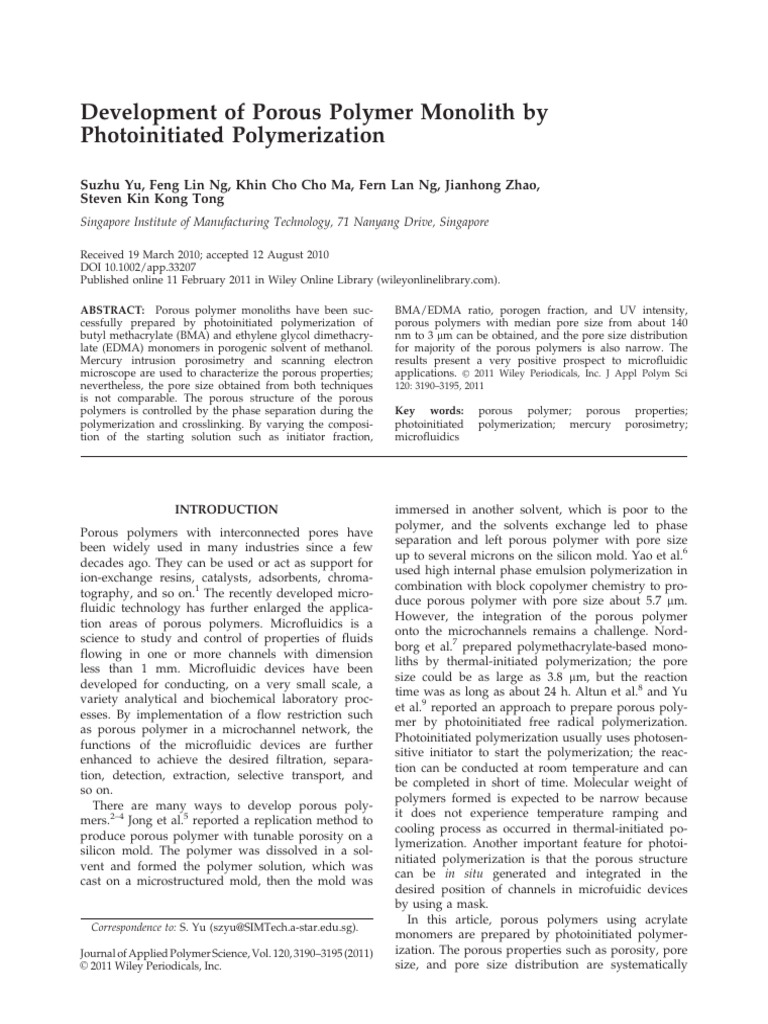 J of Applied Polymer Sci - 2011 - Yu - Development of Porous Polymer ...