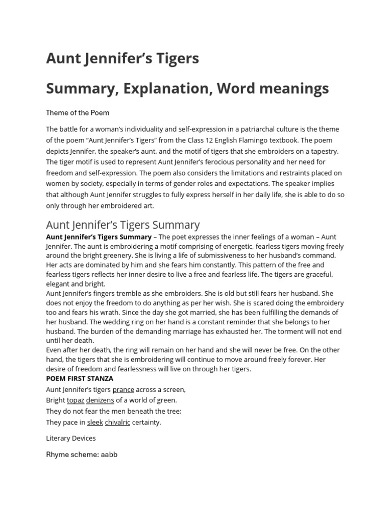 Aunt Jennifer's Tigers: Poem Analysis | PDF | Embroidery