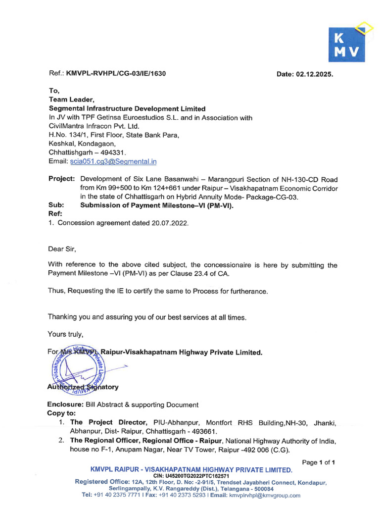 Letter No. 1630, Submission of Payment Milestone-VI (PM-VI) - Reg. | PDF