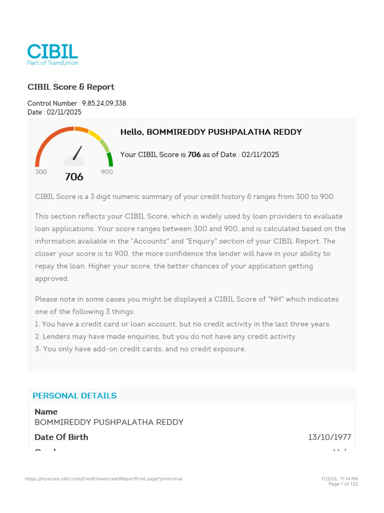 Pushpalatha Reddy CIBIL Report | PDF | Credit | Finance & Money Management