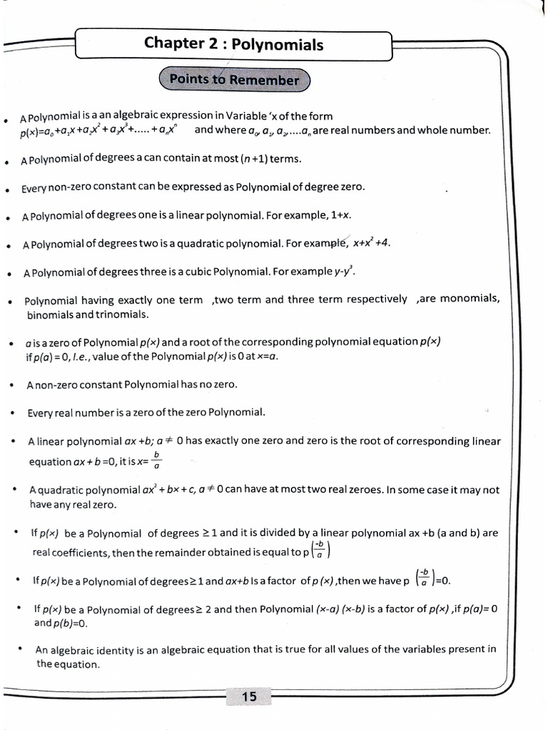 Maths Chapter Polynomial Class 9 | PDF