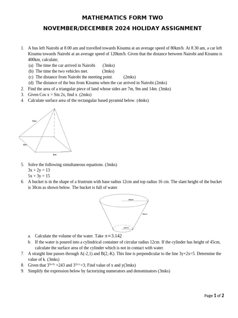 MATHEMATICS F2 Dec Holiday Assign | PDF | Mechanics