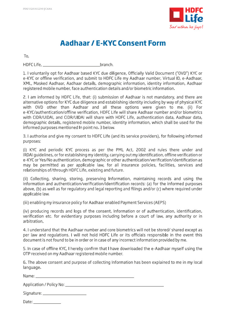 Aadhaar EKYC Consent Form | PDF
