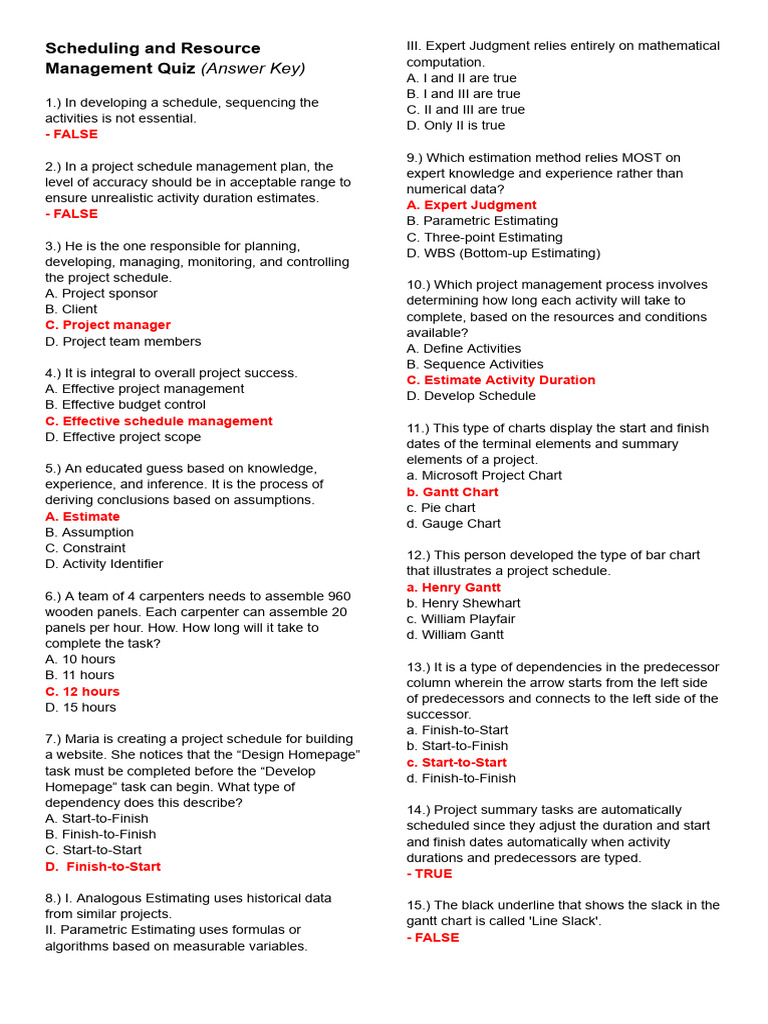 Scheduling and Resource Management Quiz | PDF | Project Management ...