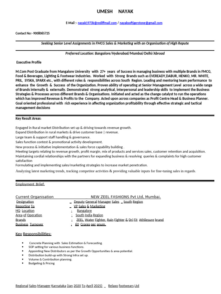 Umesh Nayak Updated Resume | PDF | Business Economics | Marketing