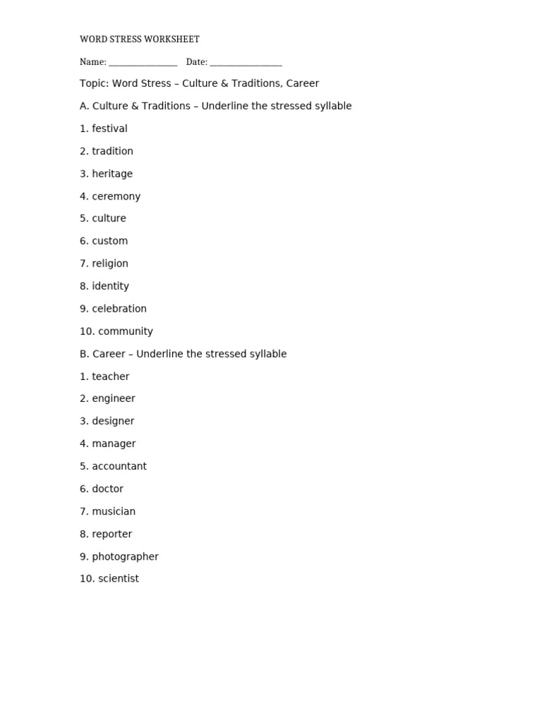 Word Stress Worksheet | PDF