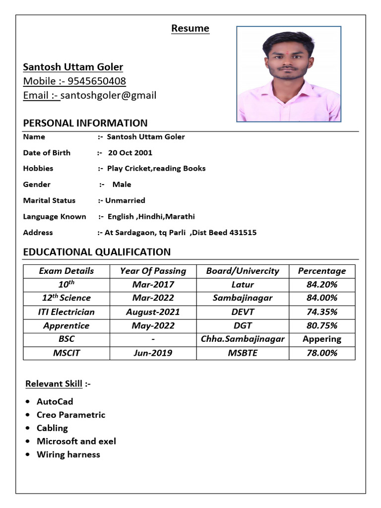 Santosh Goler Resume 1 1 | PDF | Vehicles | Electric Power