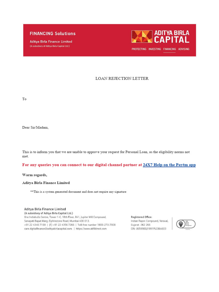 Loan Rejection Notification Letter | PDF