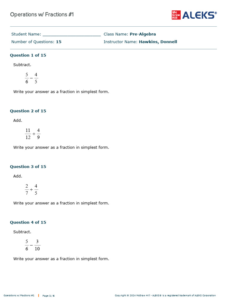 Operations with Fractions Practice Test | PDF | Mathematics | Numbers
