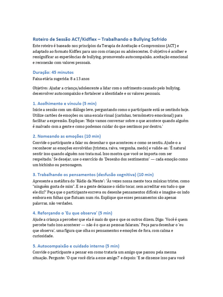 Roteiro_ACT_Kidflex_Bullying | PDF | Emoções | Pensamento