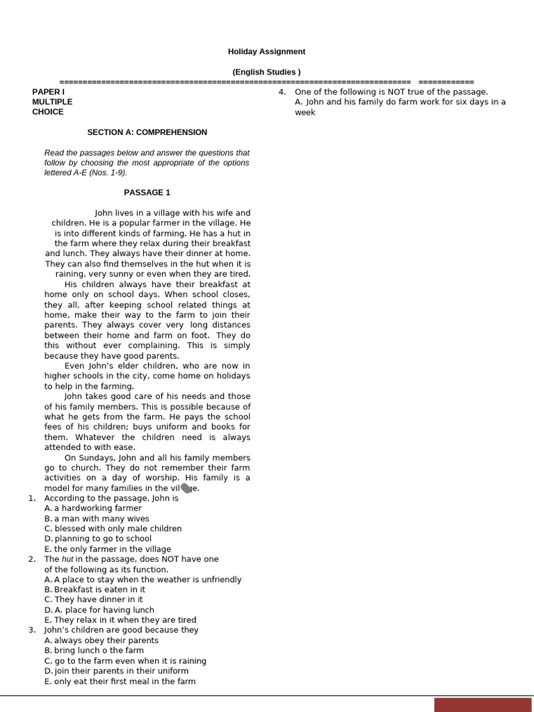 Holiday Assignment for Grade 9 | PDF | Lunch