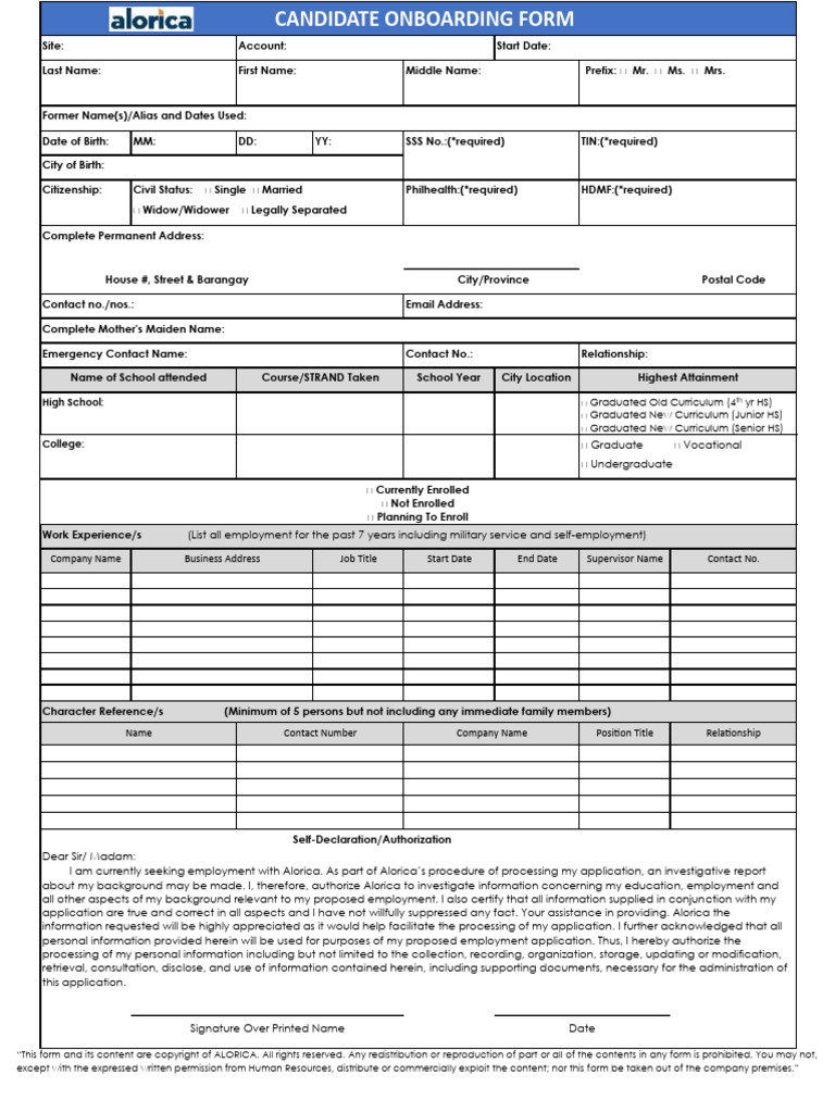 Alorica Candidate Onboarding Form | PDF