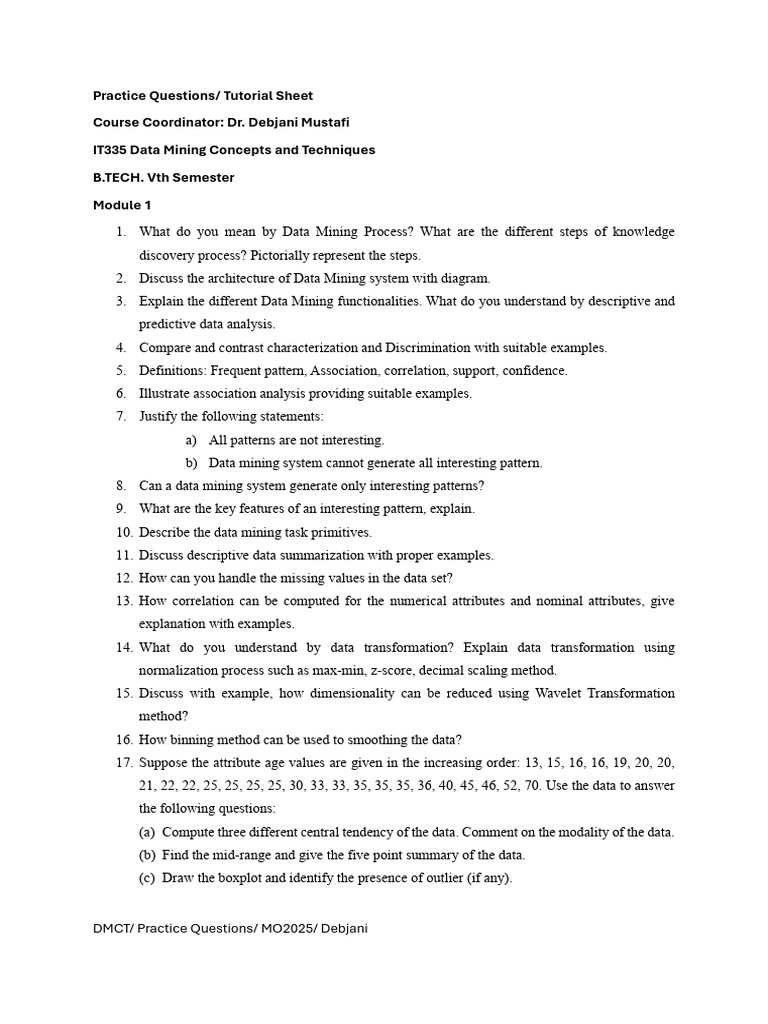 Data Mining Practice Questions for IT335 | PDF | Data Warehouse | Data