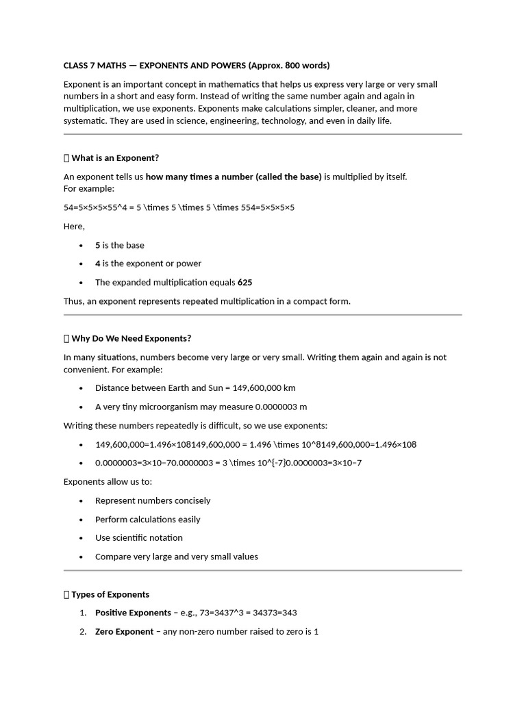 Class 7 Maths Exponents Notes Class 7 | PDF | Multiplication ...