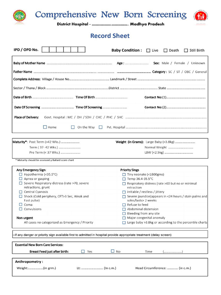 Comprehensive New Born Screening Case Record Sheet - Final | PDF
