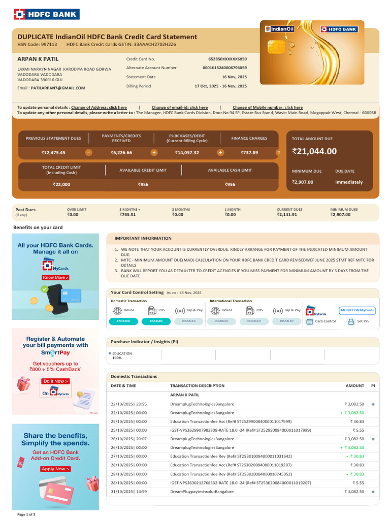 HDFC Bank Credit Card Statement Summary | PDF | Credit Card | Service ...
