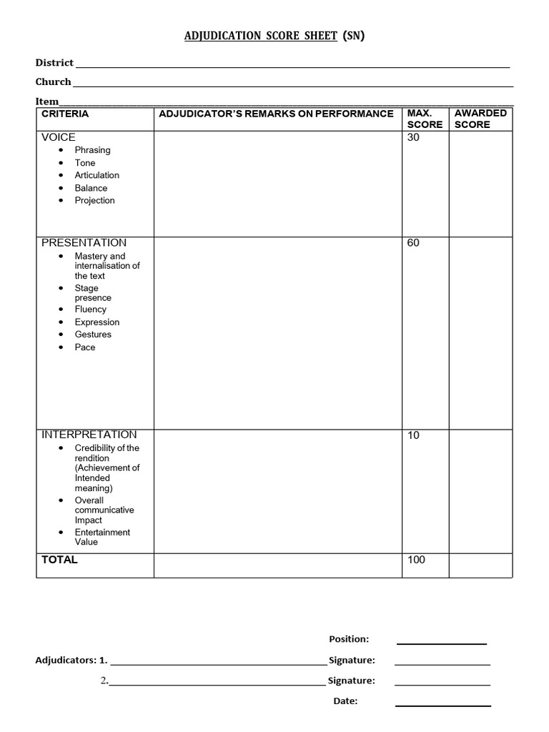 Adjudication Score Sheet Template | PDF