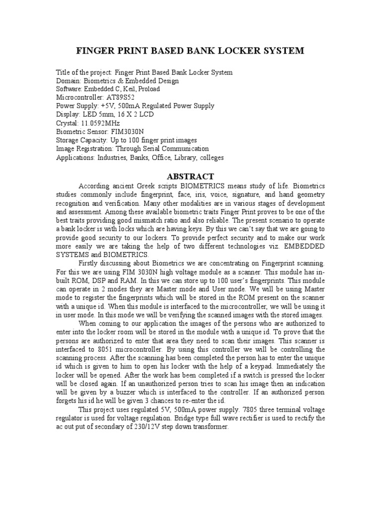 Finger Print Based Bank Locker System | PDF | Biometrics | Fingerprint