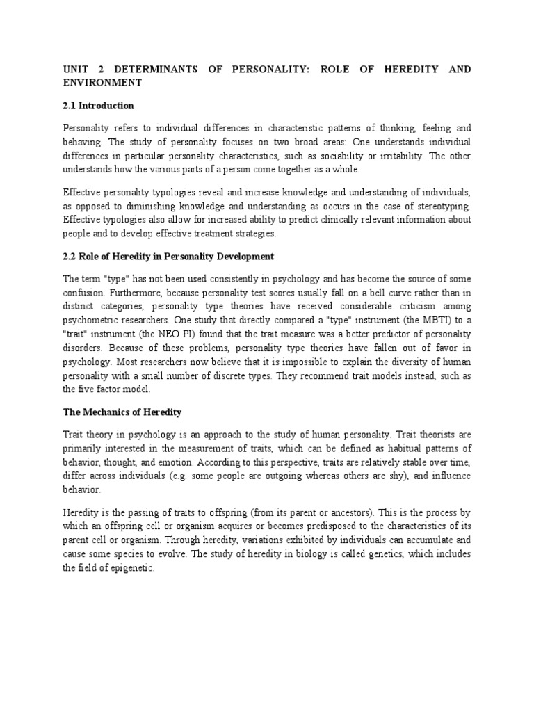 Unit 2 Determinants of Personality: Role of Heredity and Environment ...