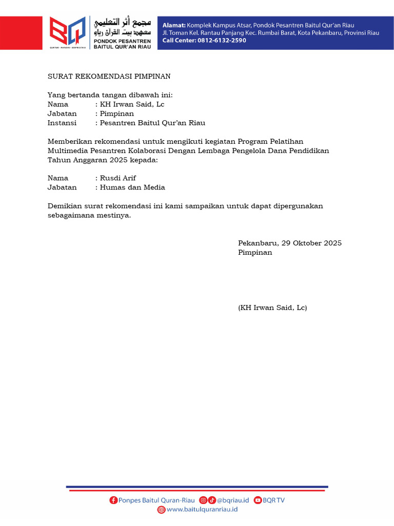 Lampiran Multimedia Pesantren Surat Rekomendasi Dan Permohonan | PDF